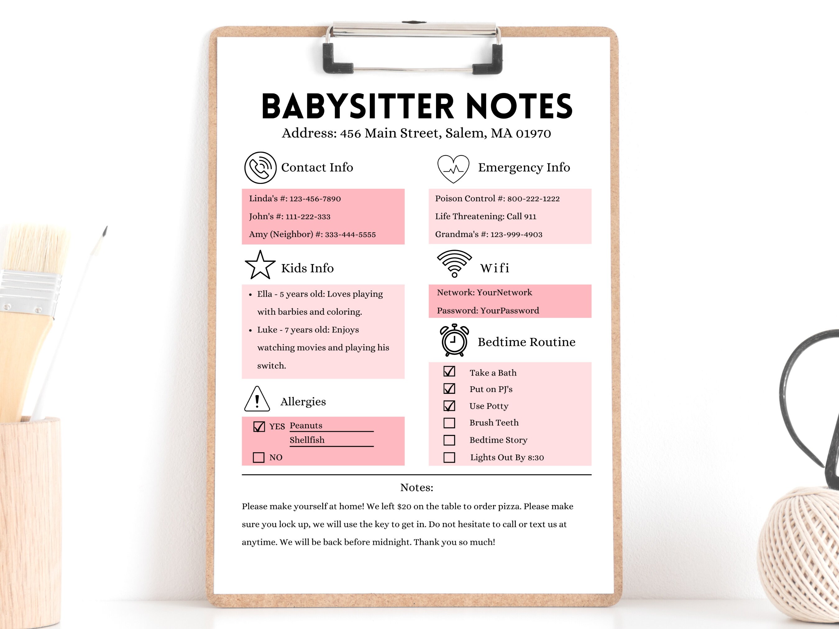 Pink Babysitter Information Sheet | Babysitter Checklist | Nanny Notes ...