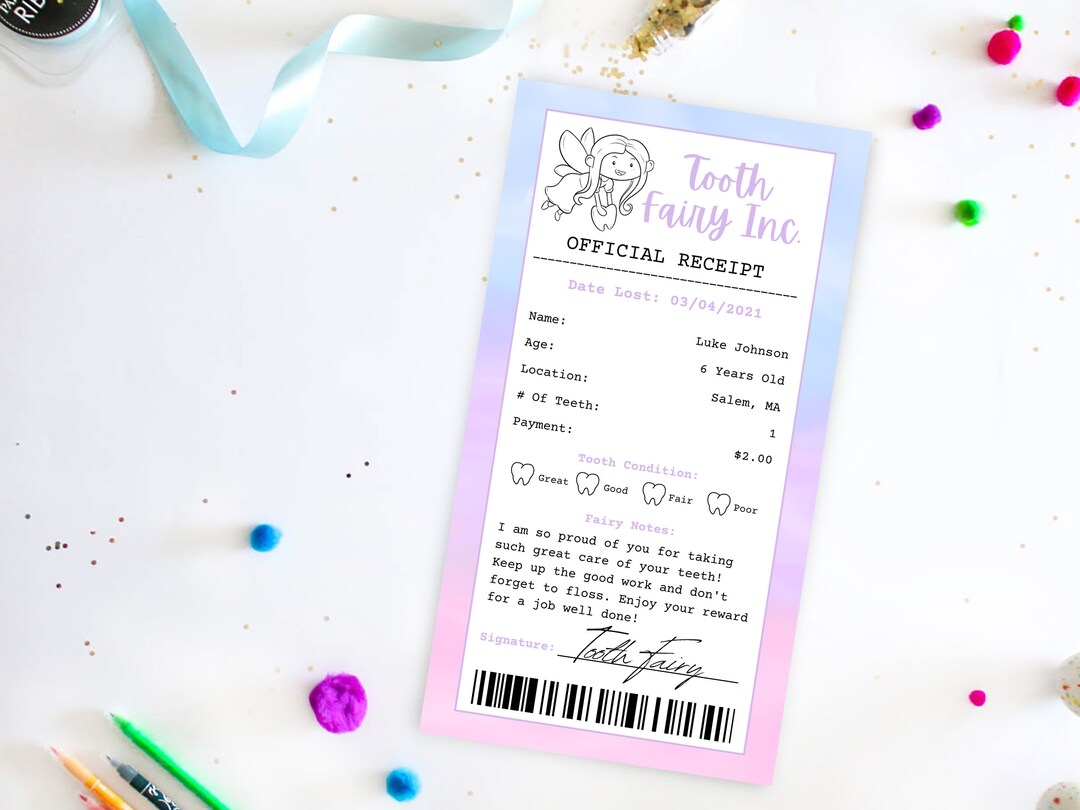 Editable Pastel Purple Tooth Fairy Receipt Printable Certificate ...