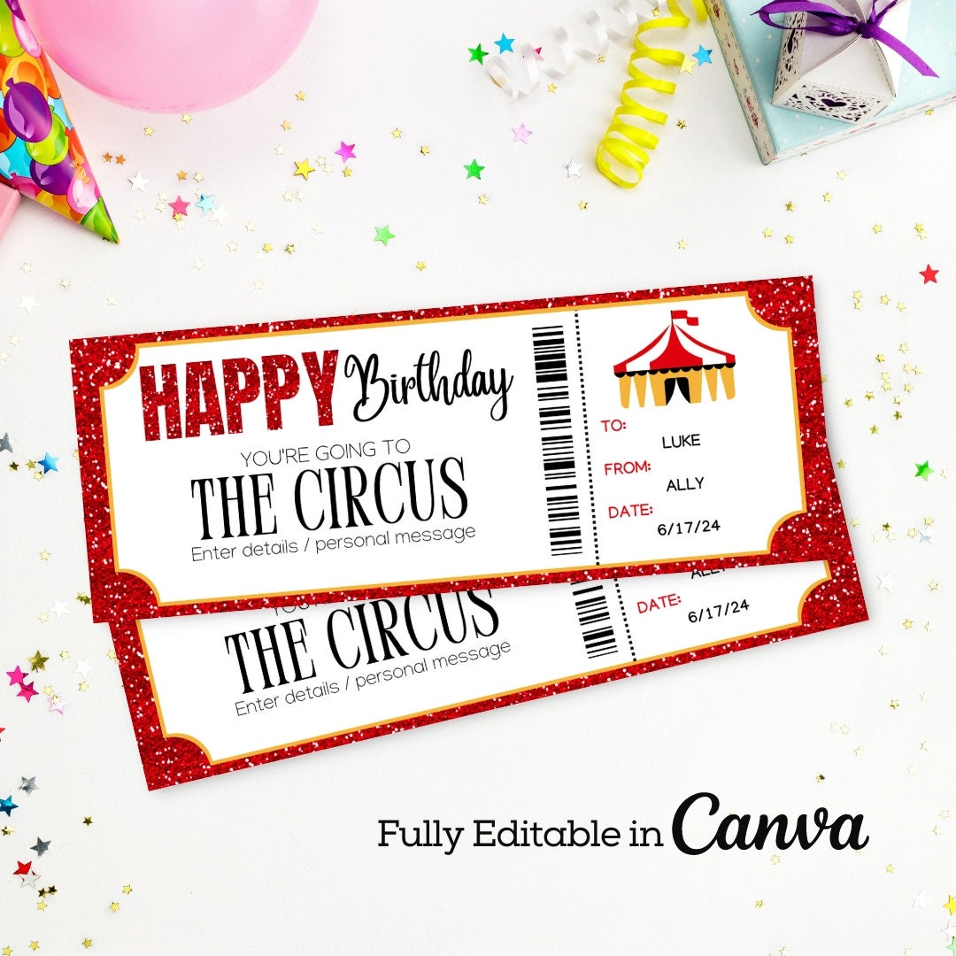 Circus Birthday Gift Ticket Template | Circus Printable Pass | Editable ...