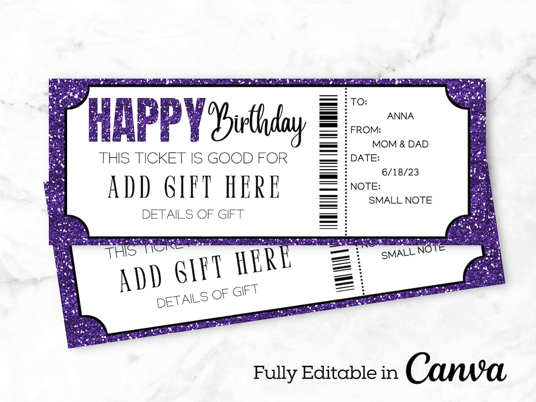Purple Glitter Birthday Ticket Template | Editable Surprise Birthday ...