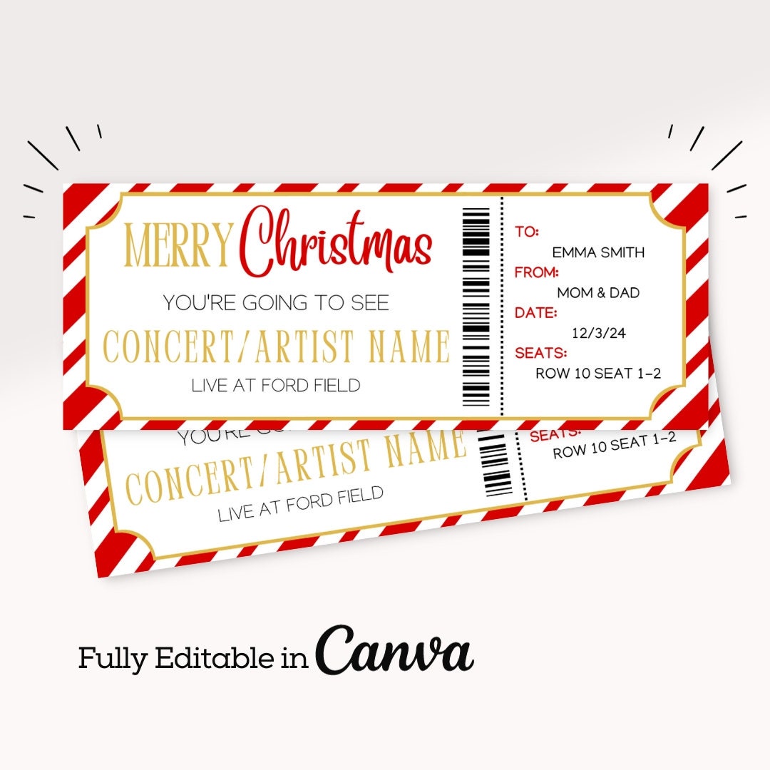 Gold Christmas Concert Ticket Template | Editable Event Ticket Canva ...