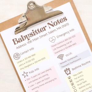 Kids Cute Babysitter Information Printable | Babysitter Cheat Sheet ...