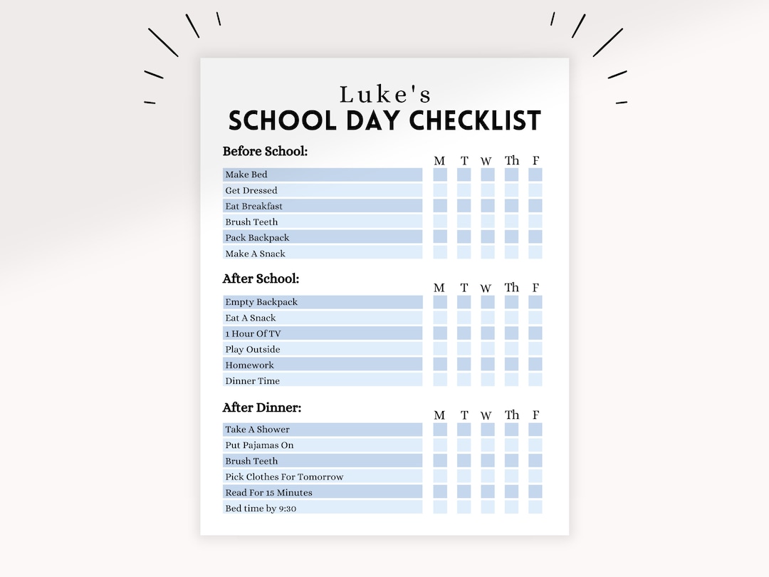 Blue Kids School Daily Checklist | Kids Daily School Schedule Checklist ...