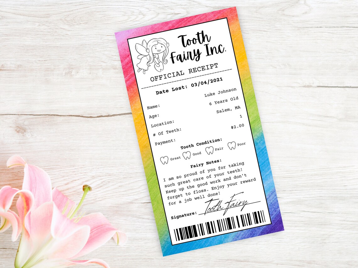 Rainbow Editable Tooth Fairy Receipt Printable Certificate | First ...