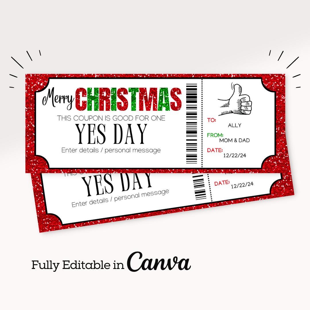 Christmas Yes Day Ticket | Kids Best Day Coupon Souvenir | Yes Day Gift ...