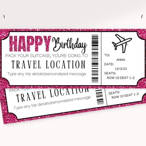 Hot Pink Birthday Airplane Ticket Printable | Surprise Trip Ticket ...