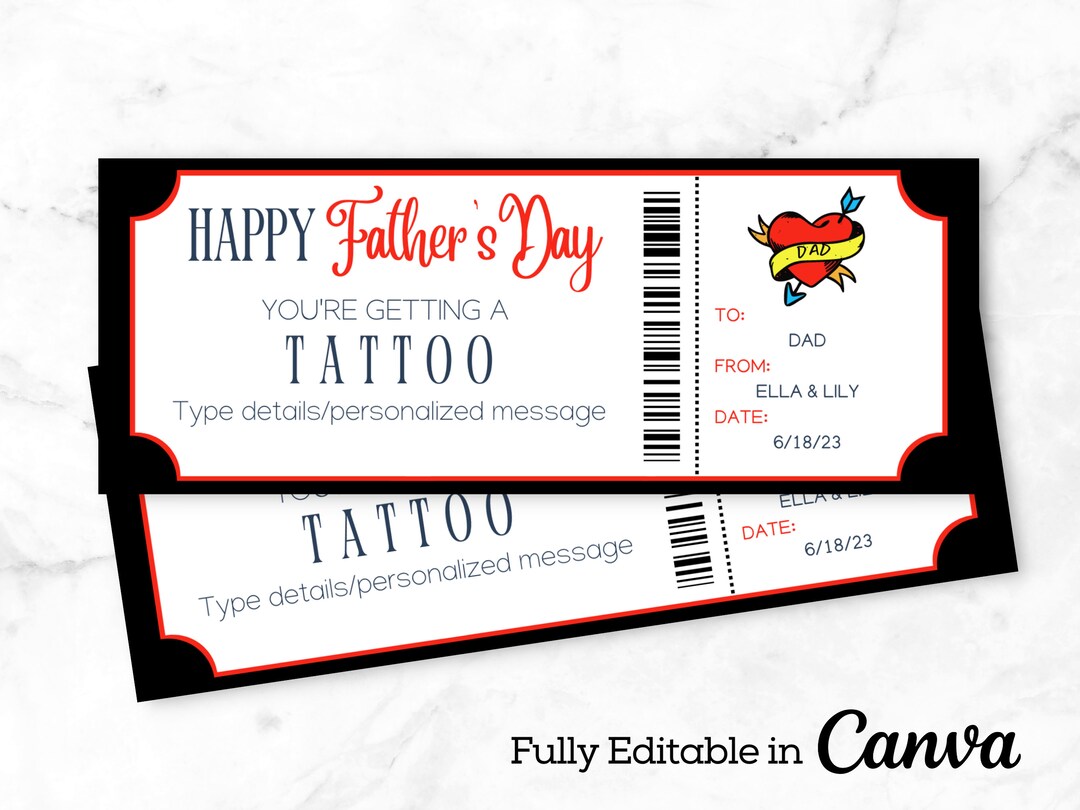 Fathers Day Tattoo Gift Ticket | Tattoo Printable Certificate ...