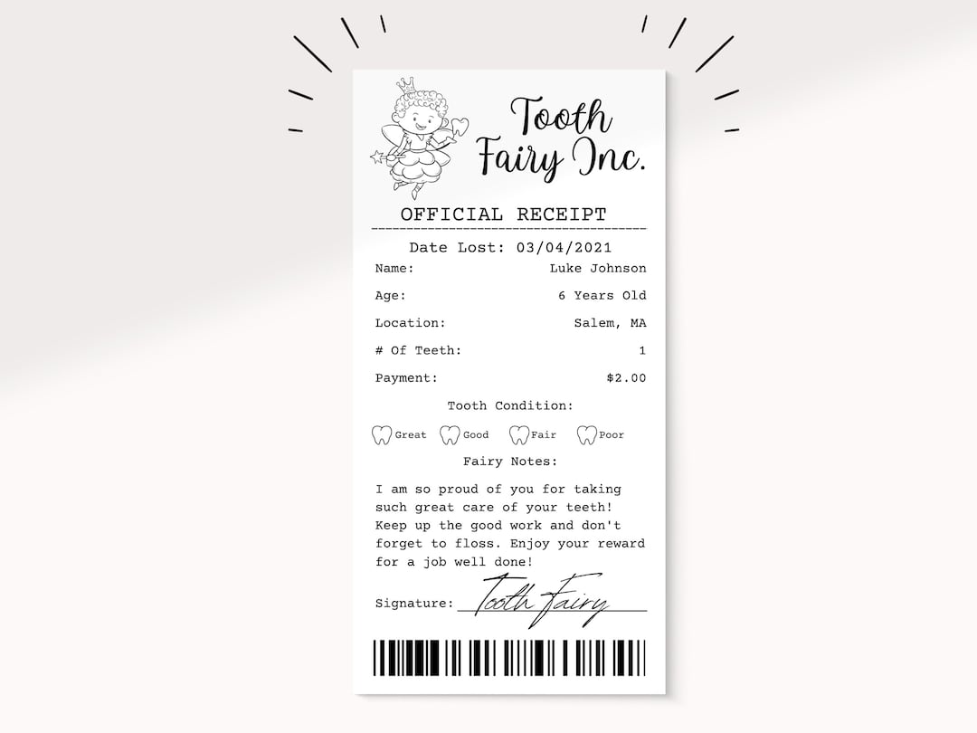 Editable Cute Tooth Fairy Receipt Printable Certificate | First Tooth ...