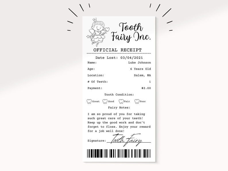Editable Cute Tooth Fairy Receipt Printable Certificate - Etsy