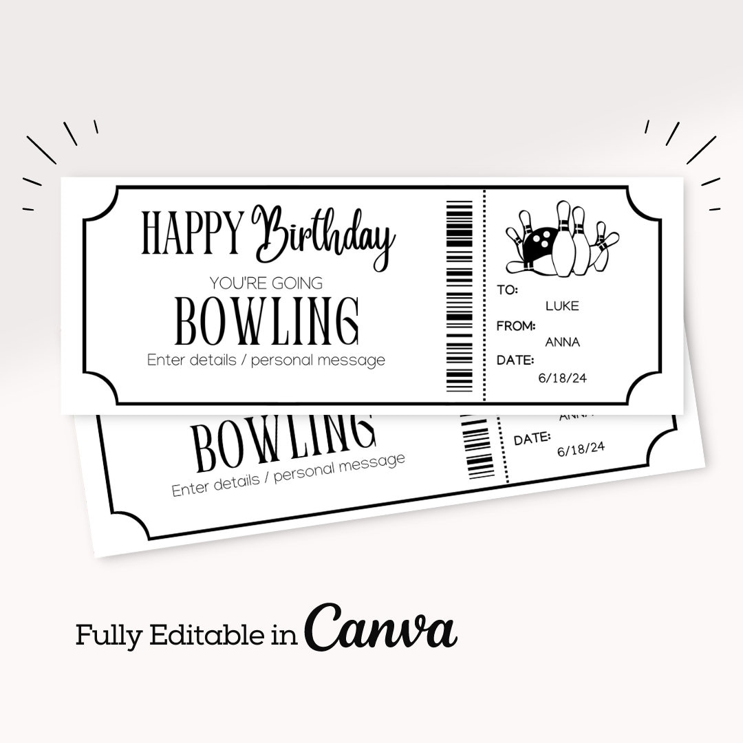 Birthday Bowling Ticket | Editable Bowling Gift Voucher | Printable ...