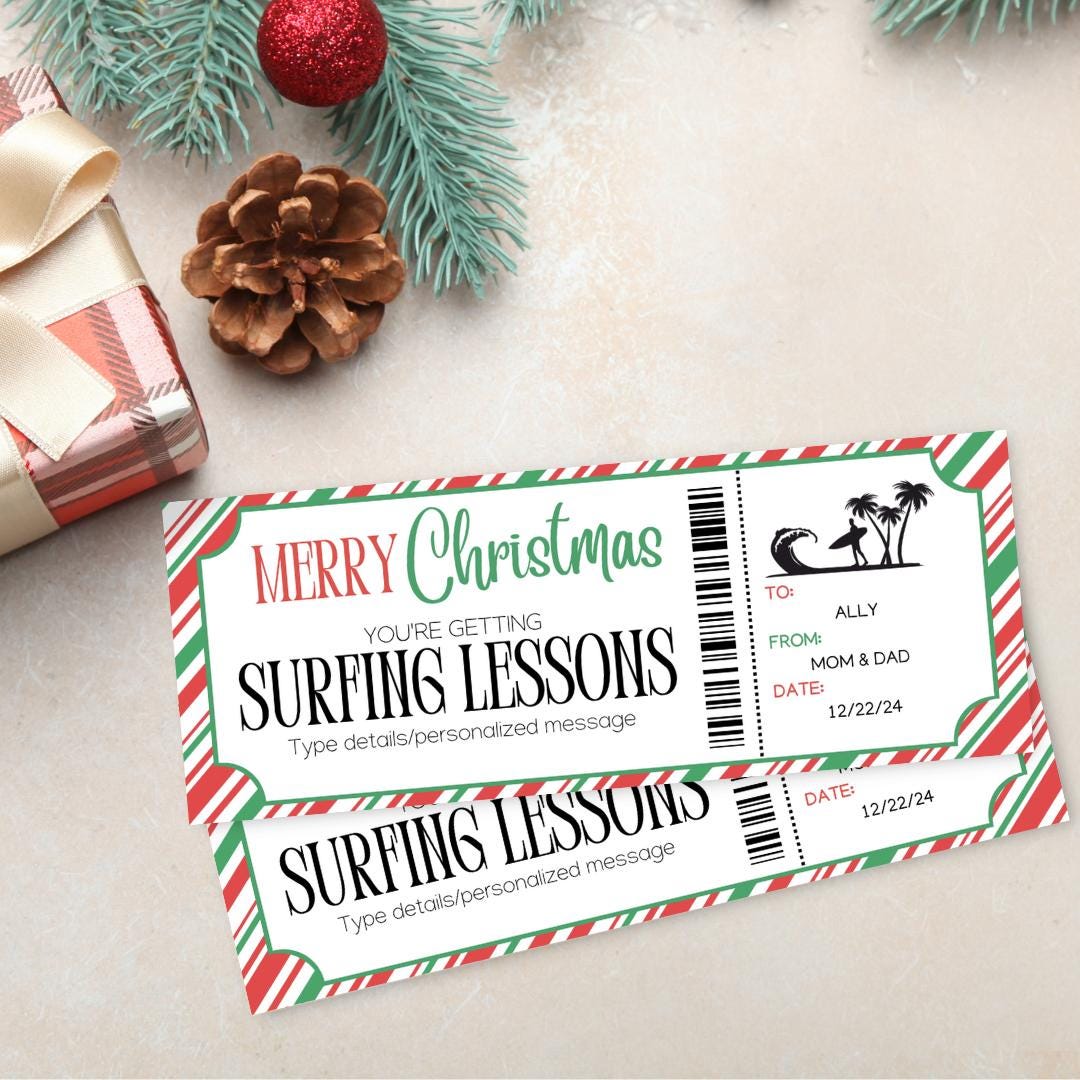 Christmas Surfing Lessons Gift Voucher | Surfing Ticket Template | Surf ...