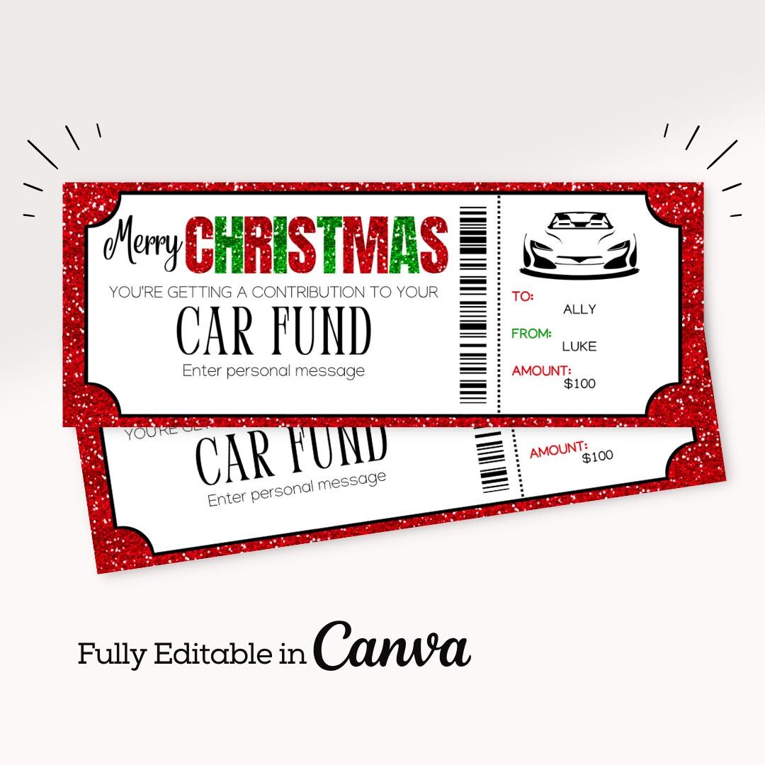 Christmas Car Fund Gift Certificate | New Car Gift | Xmas Car Fund ...