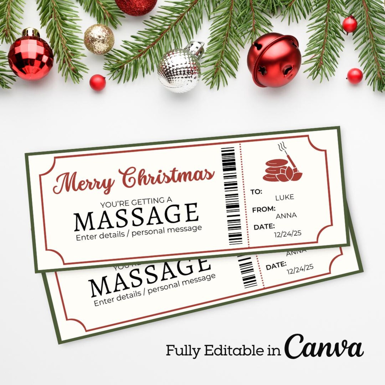 Massage Gift Ticket | Christmas Printable Coupon | Spa Massage Voucher ...