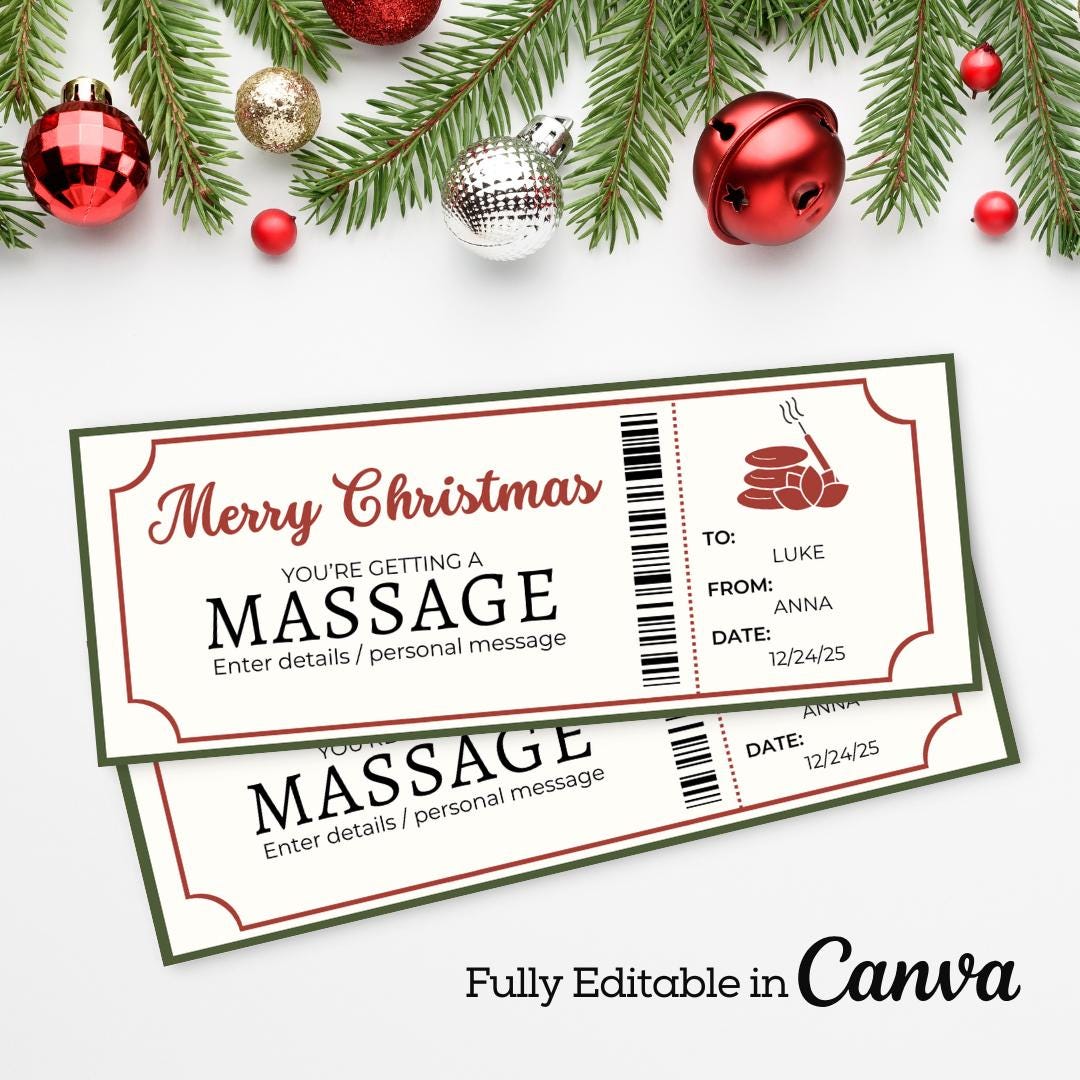 Massage Gift Ticket | Christmas Printable Coupon | Spa Massage Voucher ...