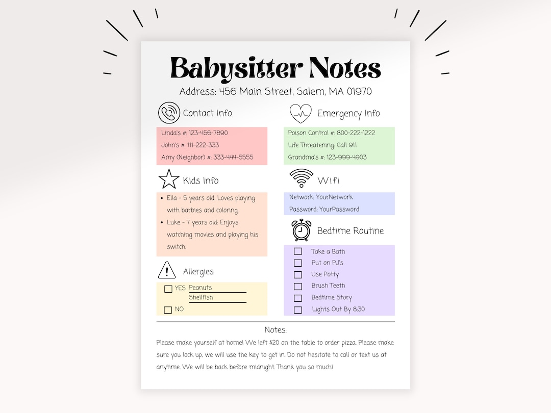 Rainbow Babysitter Information Sheet Printable | Babysitter Notes ...