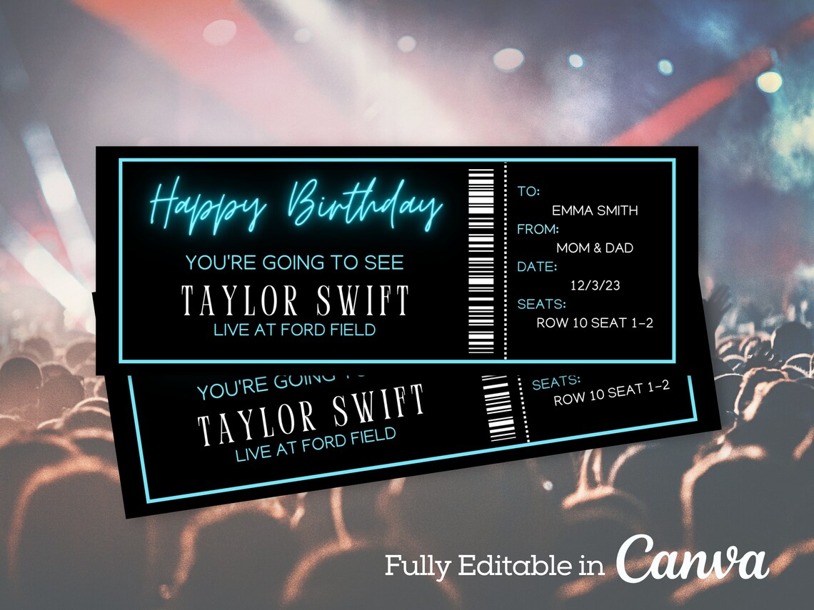 Neon Blue Concert Ticket Template Editable Surprise Birthday - Etsy