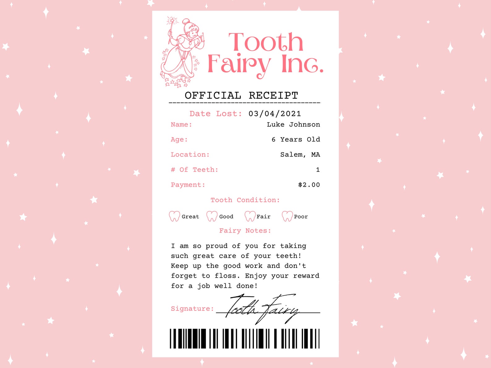 Pink Editable Tooth Fairy Receipt Printable Pink Tooth Fairy - Etsy