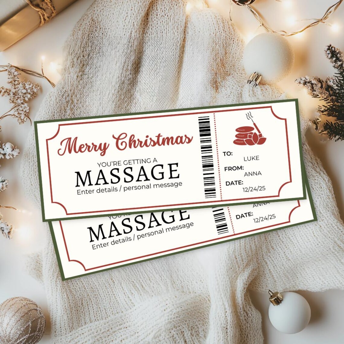 Massage Gift Ticket | Christmas Printable Coupon | Spa Massage Voucher ...
