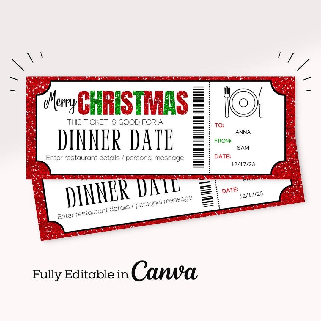 Christmas Dinner Date Gift Voucher | Editable Dinner Reservation Ticket ...
