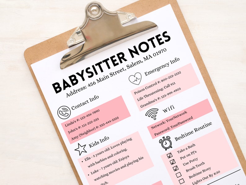 Pink Babysitter Information Sheet | Babysitter Checklist | Nanny Notes ...