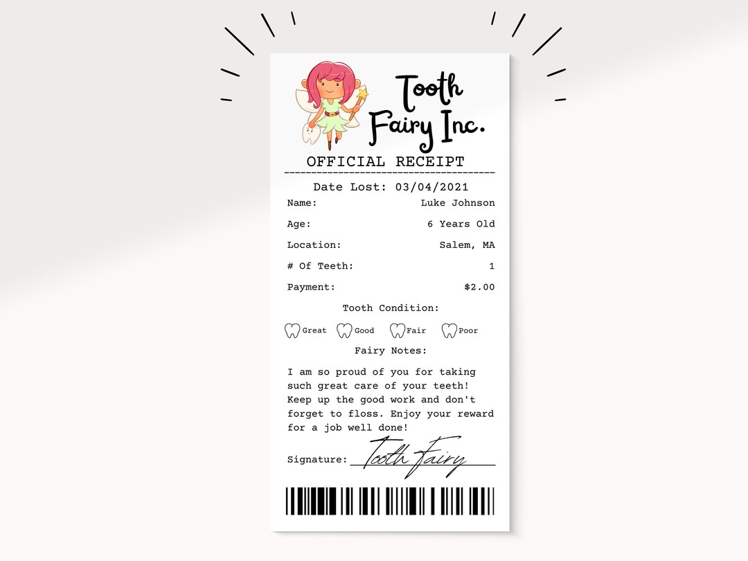 Colorful Editable Tooth Fairy Receipt Printable Certificate - Etsy