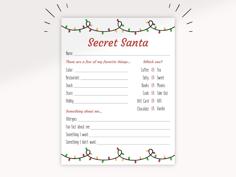 Secret Santa Gift Exchange Printable Gift Questionnaire - Etsy