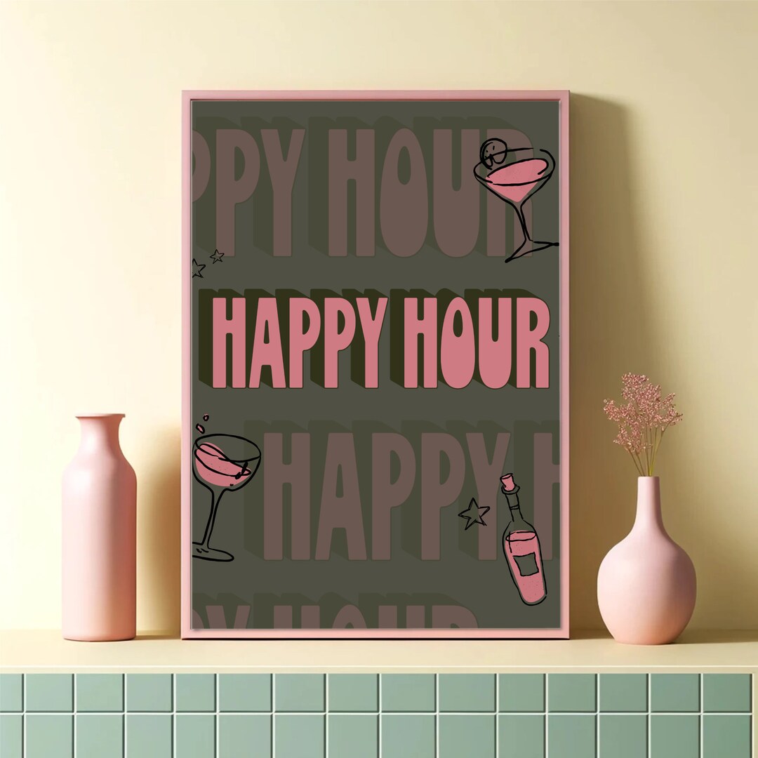 Happy Hour Wall Art, Retro Digital Download Wall Art Decor - Etsy