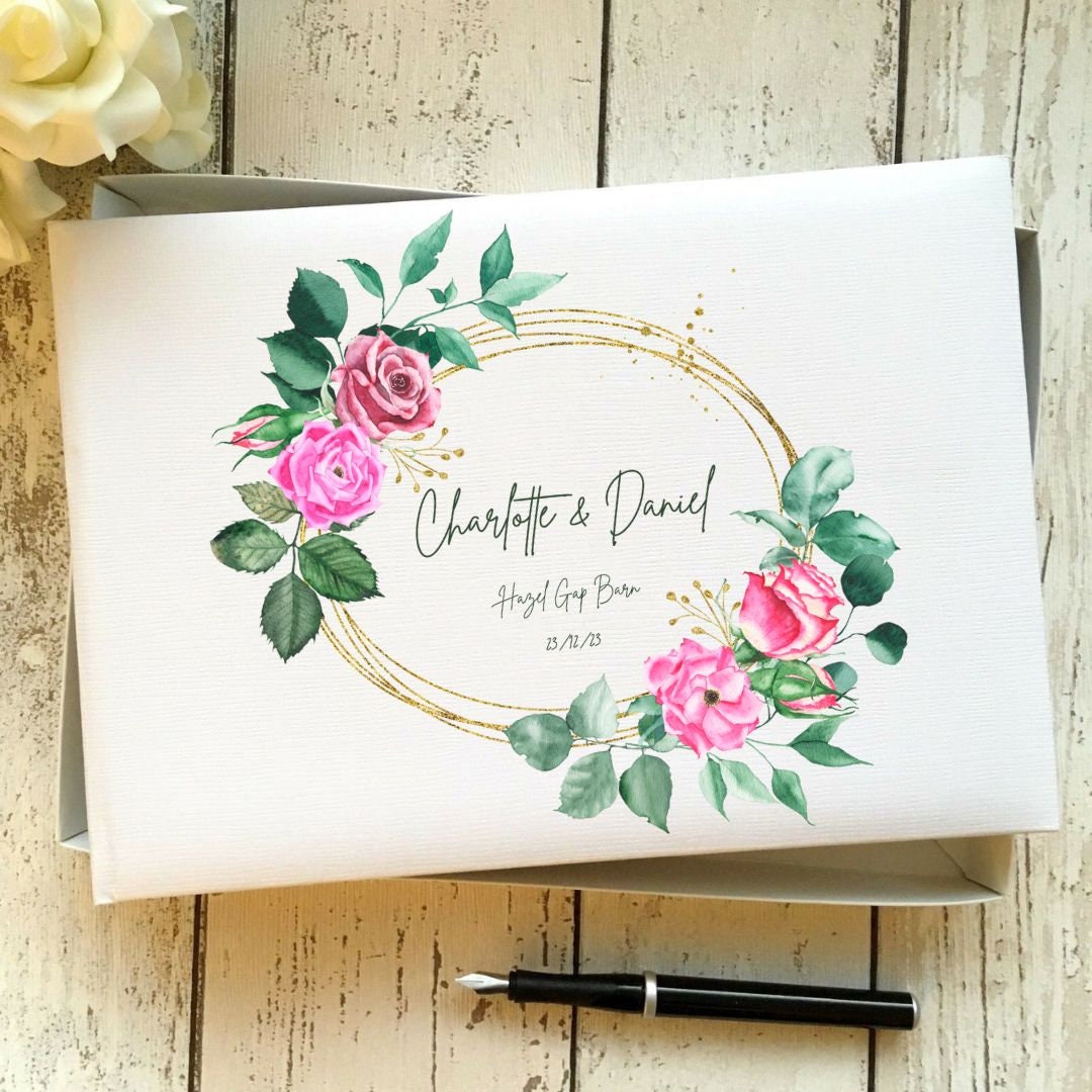 Pink Roses With Gold Frame Personalised Wedding Guest Book, Ivory Faux ...
