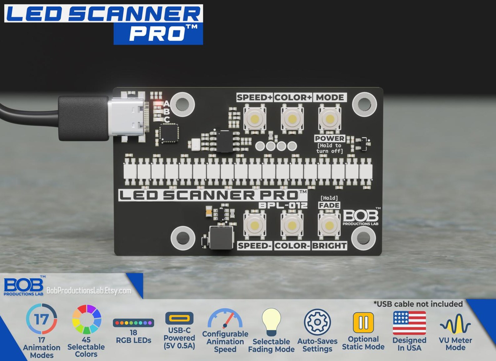 LED Scanner Board | 18 RGB Leds, 45 Colors, 17 Modes, USB-C Powered ...