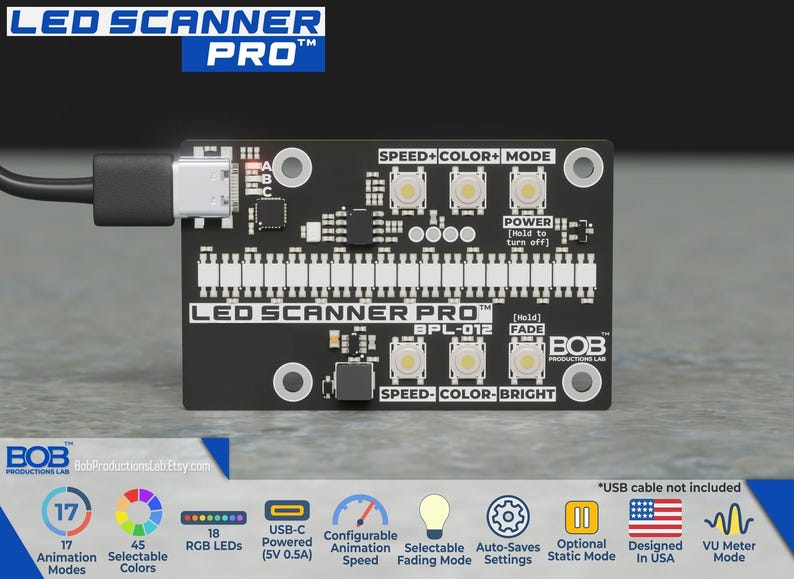 LED Scanner Board | 18 RGB Leds, 45 Colors, 17 Modes, USB-C Powered ...