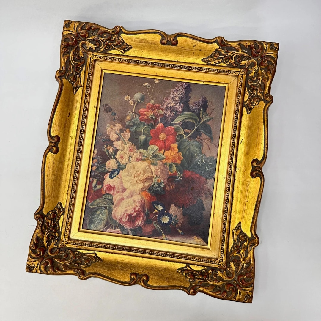 Vintage Moise Jacobber Floral Print Framed Roses Dahlias Gold Rococo ...