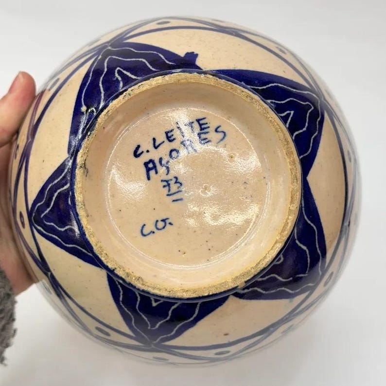 C. Leite Azores Pottery Bowl 1973 Hand Painted Blue Cream Geometric ...