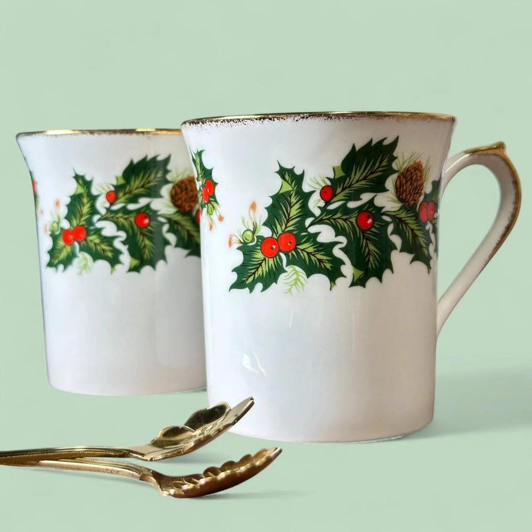 Vintage Queen's Rosina Yuletide Coffee Cups Pair | Christmas Fine Bone ...