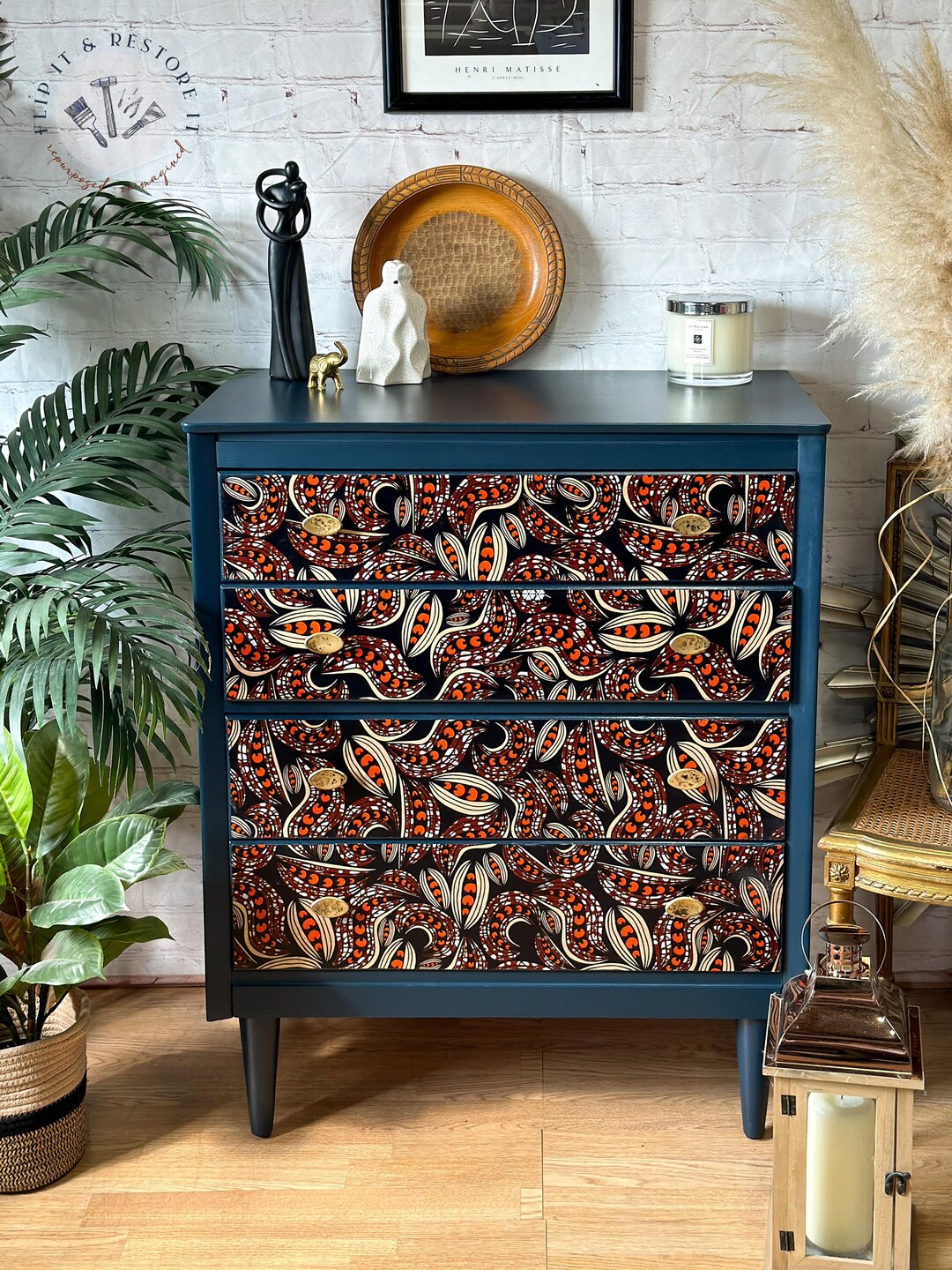 Harris Lebus Mid-century Dresser: Navy Blue, Nigerian Fabric Decoupage - Made to Order - Etsy
