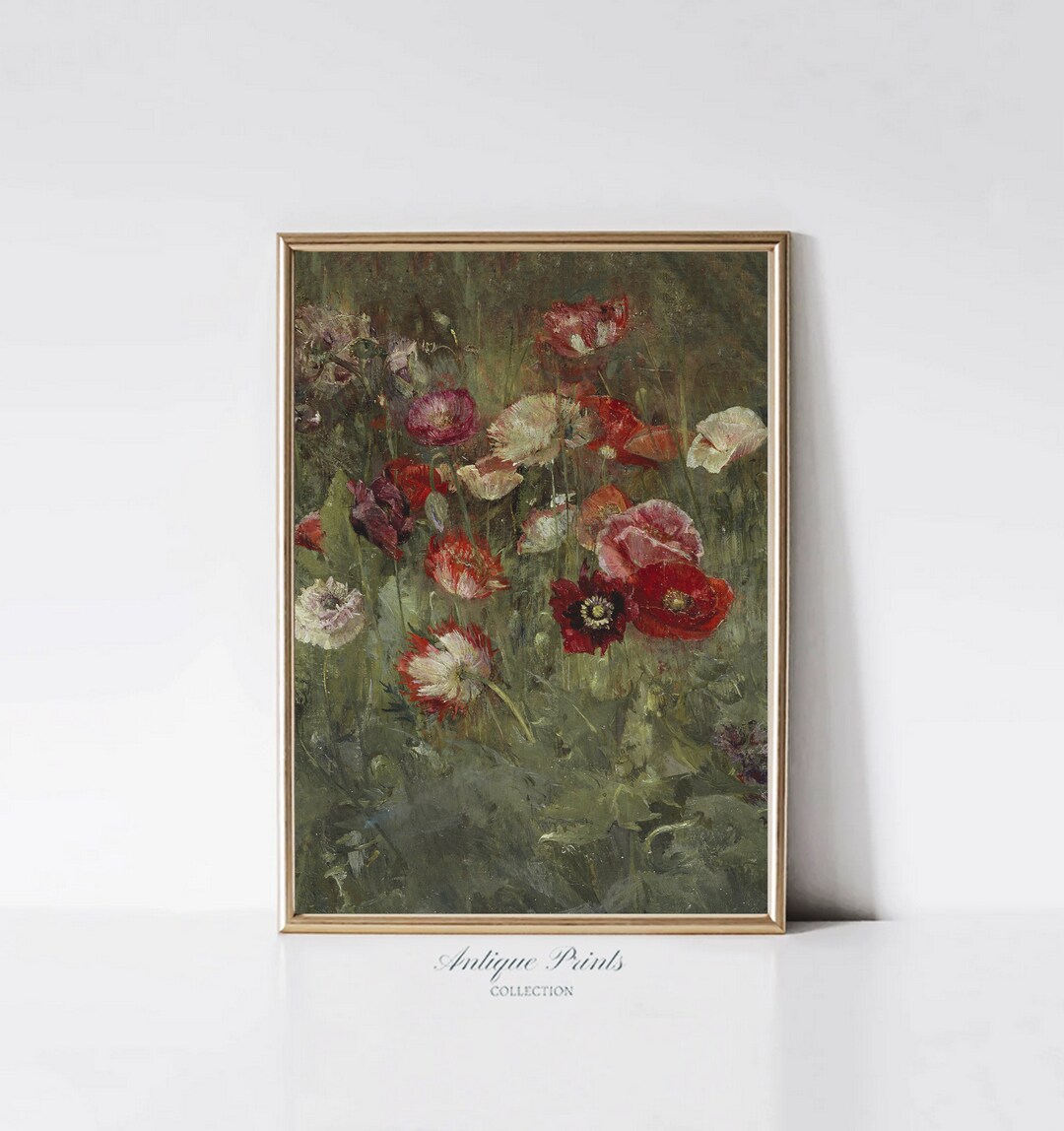 Vintage Poppies Painting, Moody Wildflowers Wall Art, Still Life Print ...