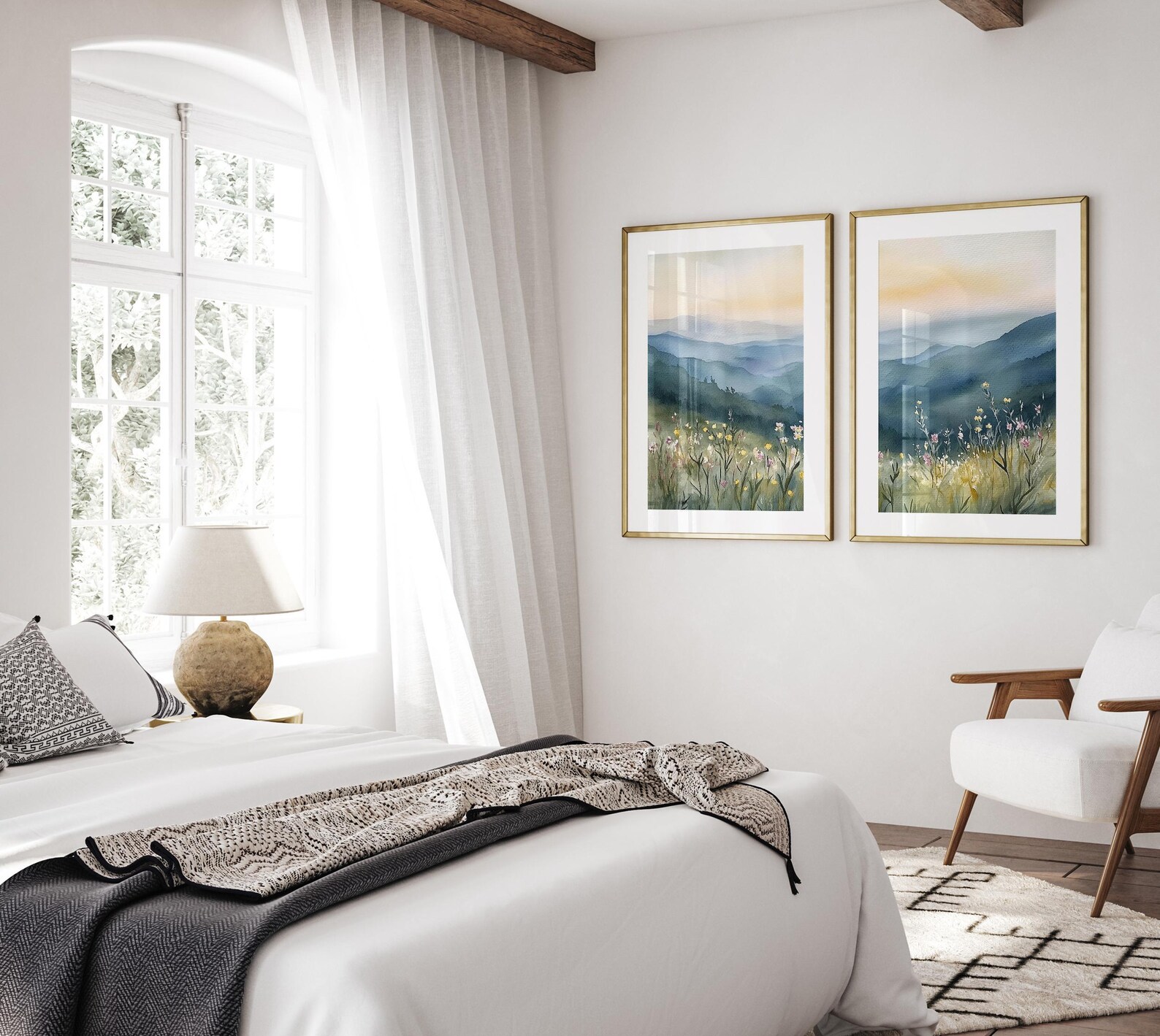 Floral Landscape Set of 2 Split Print, Watercolor Country 2 Pieces ...