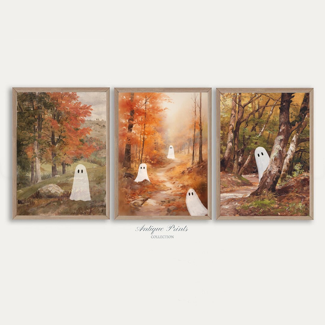 Autumn Landscape Ghosts Wall Art, Fall Spooky Halloween Set of 3 Prints ...