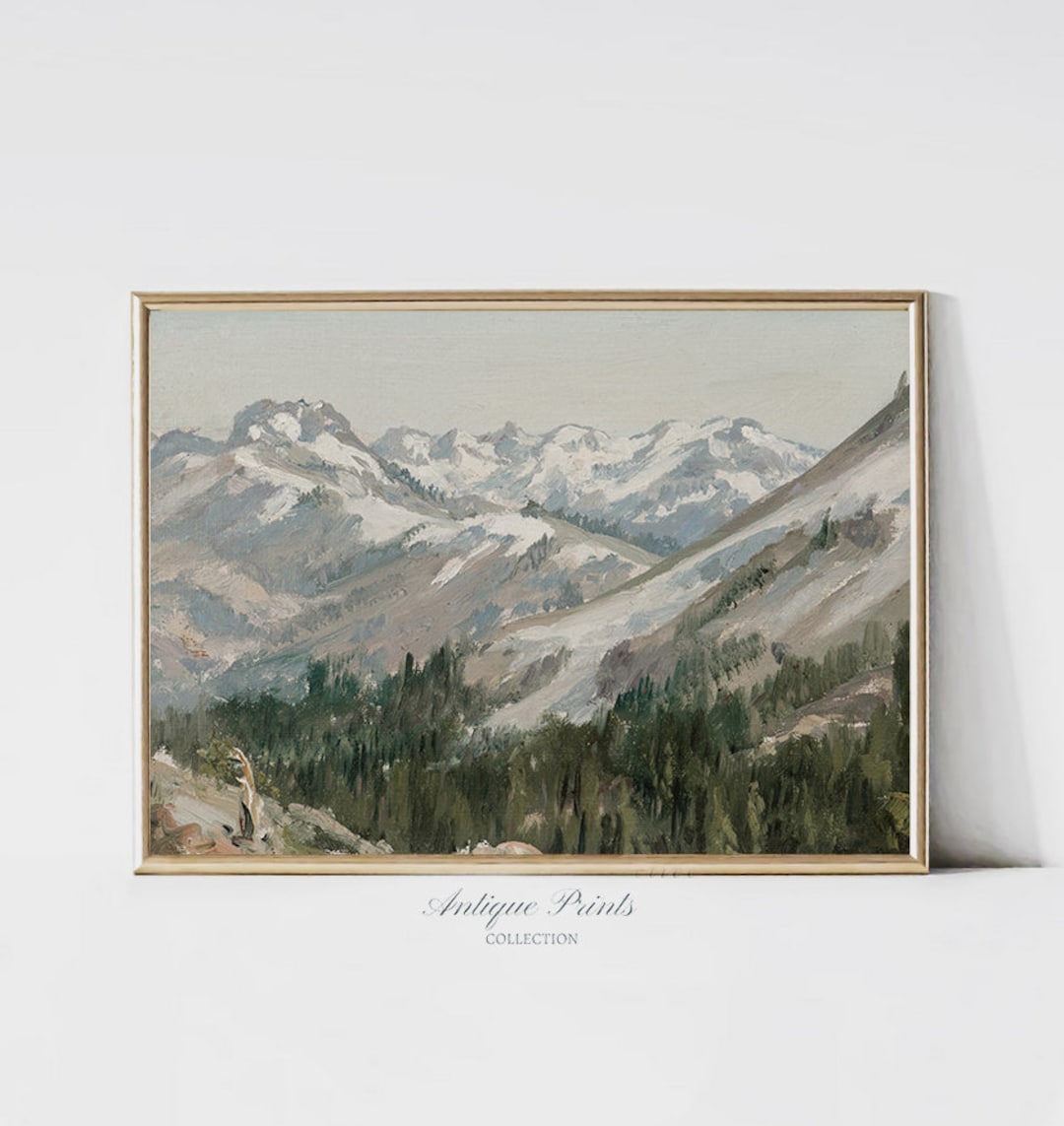 Vintage Mountain Landscape Wall Art, Antique Forest Painting, Nordic ...