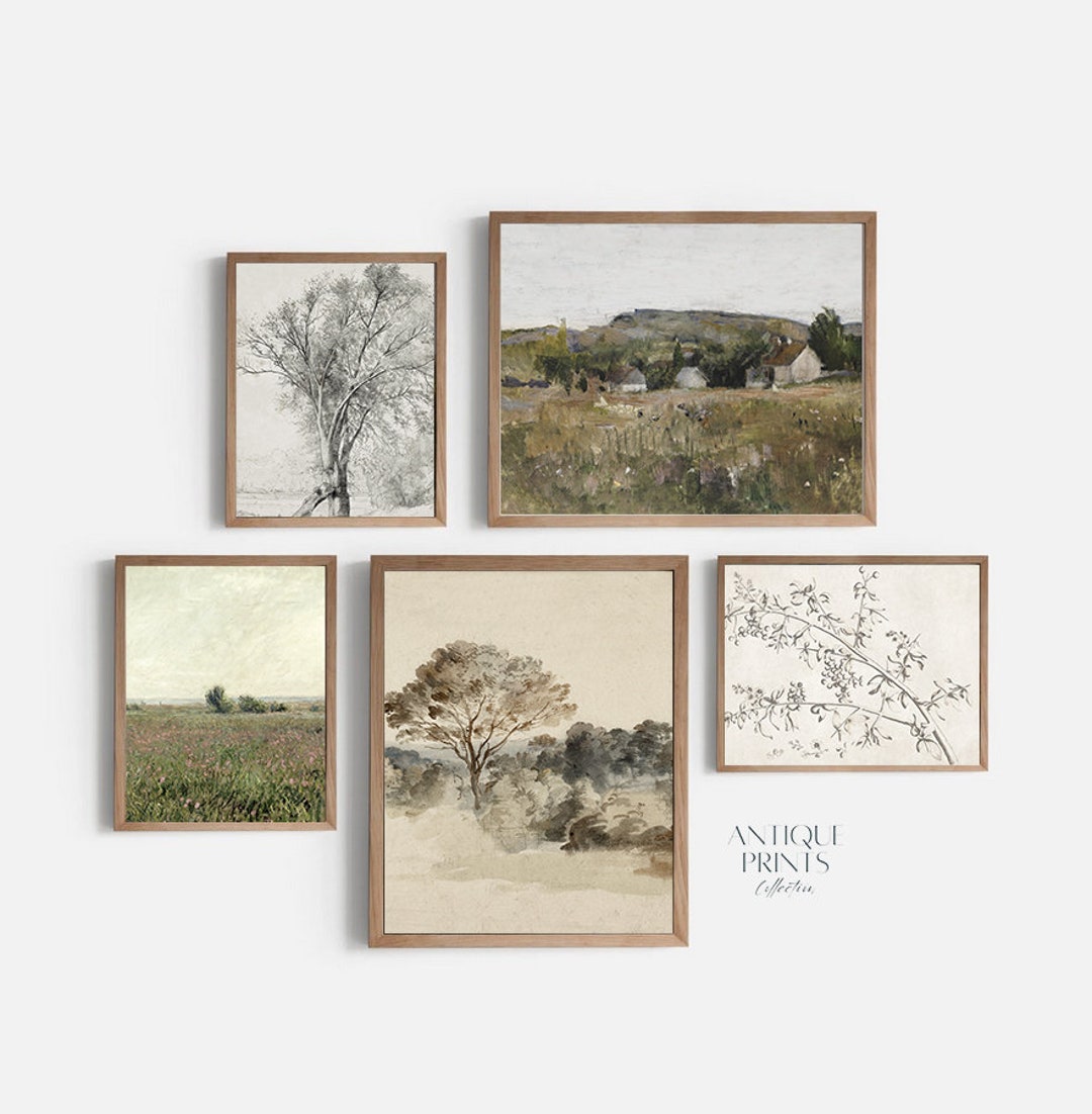 Vintage Set of 5 Countryside Prints, Neutral Landscape Antique 5 Pieces ...