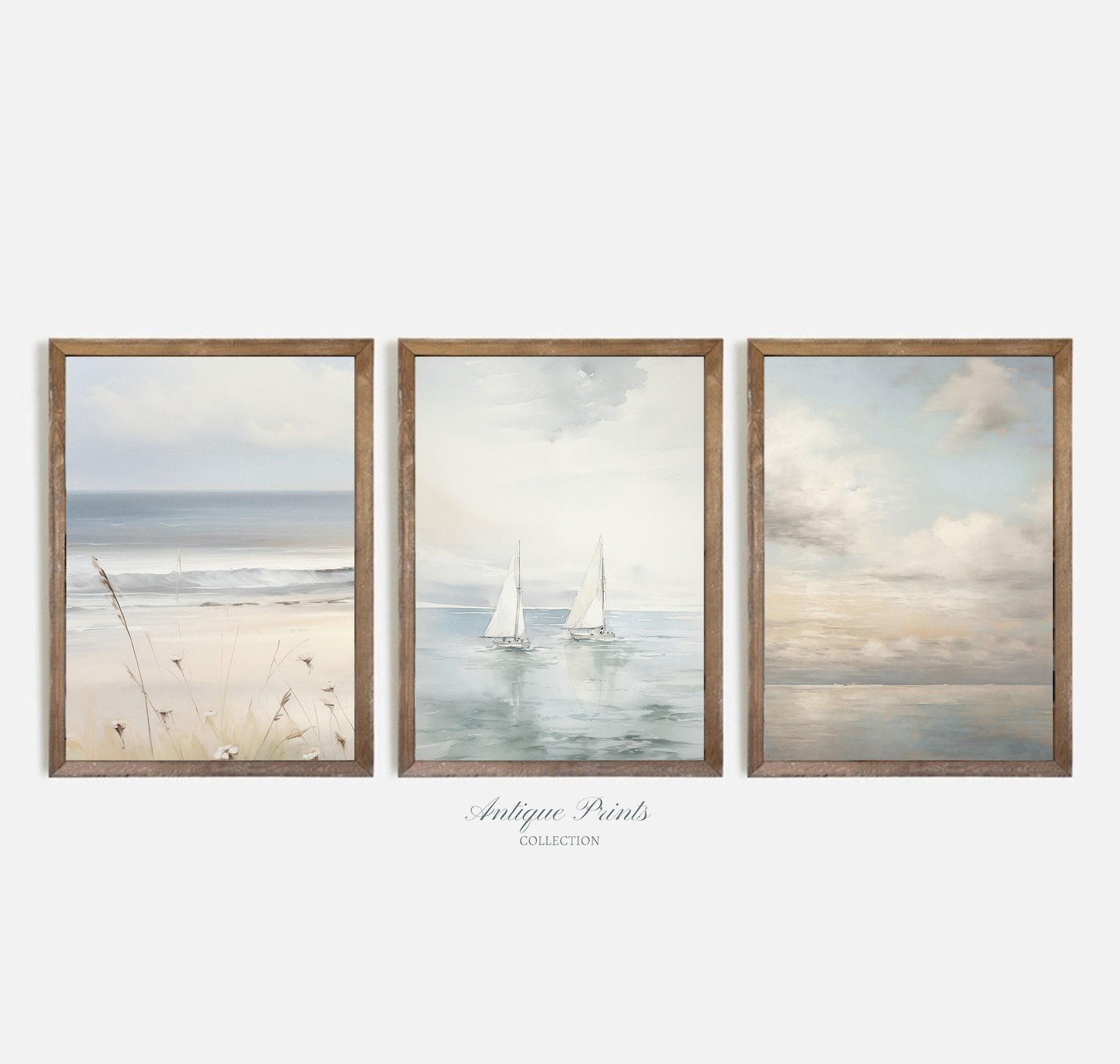 Muted Coastal 3 Pieces Wall Art, Neutral Seascape Painting, Vintage ...