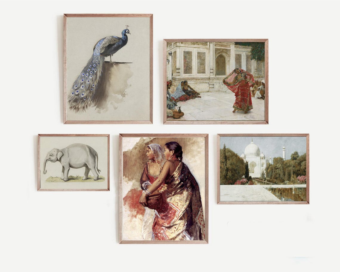 Antique Traditional India Set of 5 Prints, Peacock Wall Art, Taj Mahal ...
