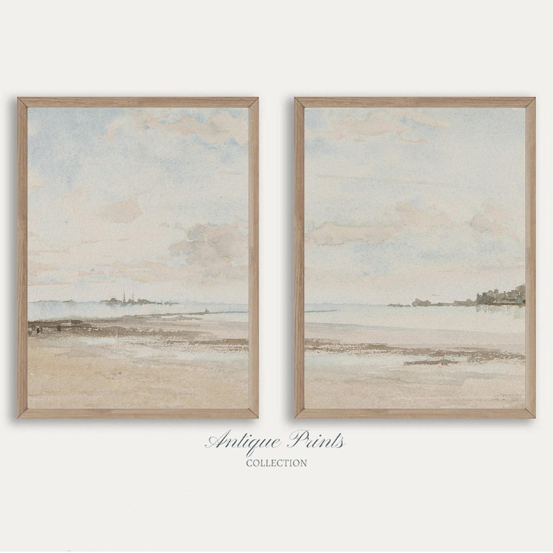 Vintage Watercolor Seascape Wall Art, Muted Coastal Set of 2 Painting ...