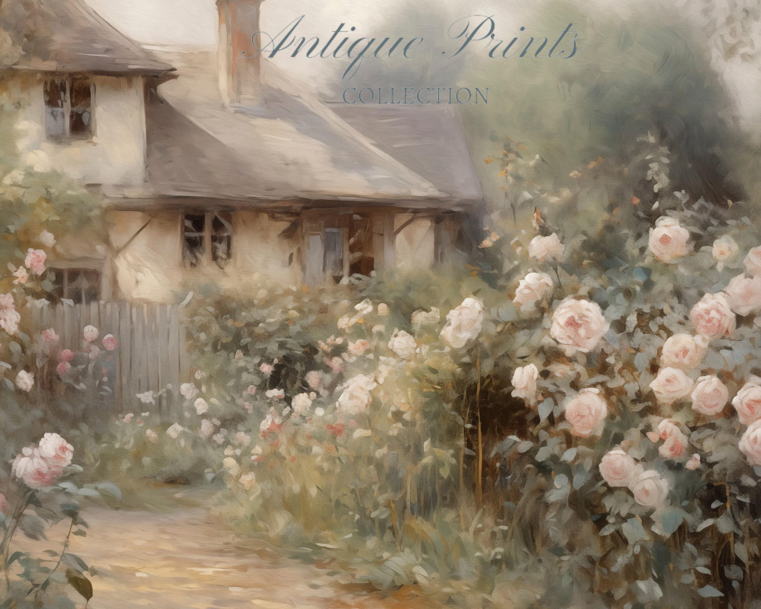 Roses Garden Painting, Vintage Spring Cottage Wall Art, Antique Floral ...