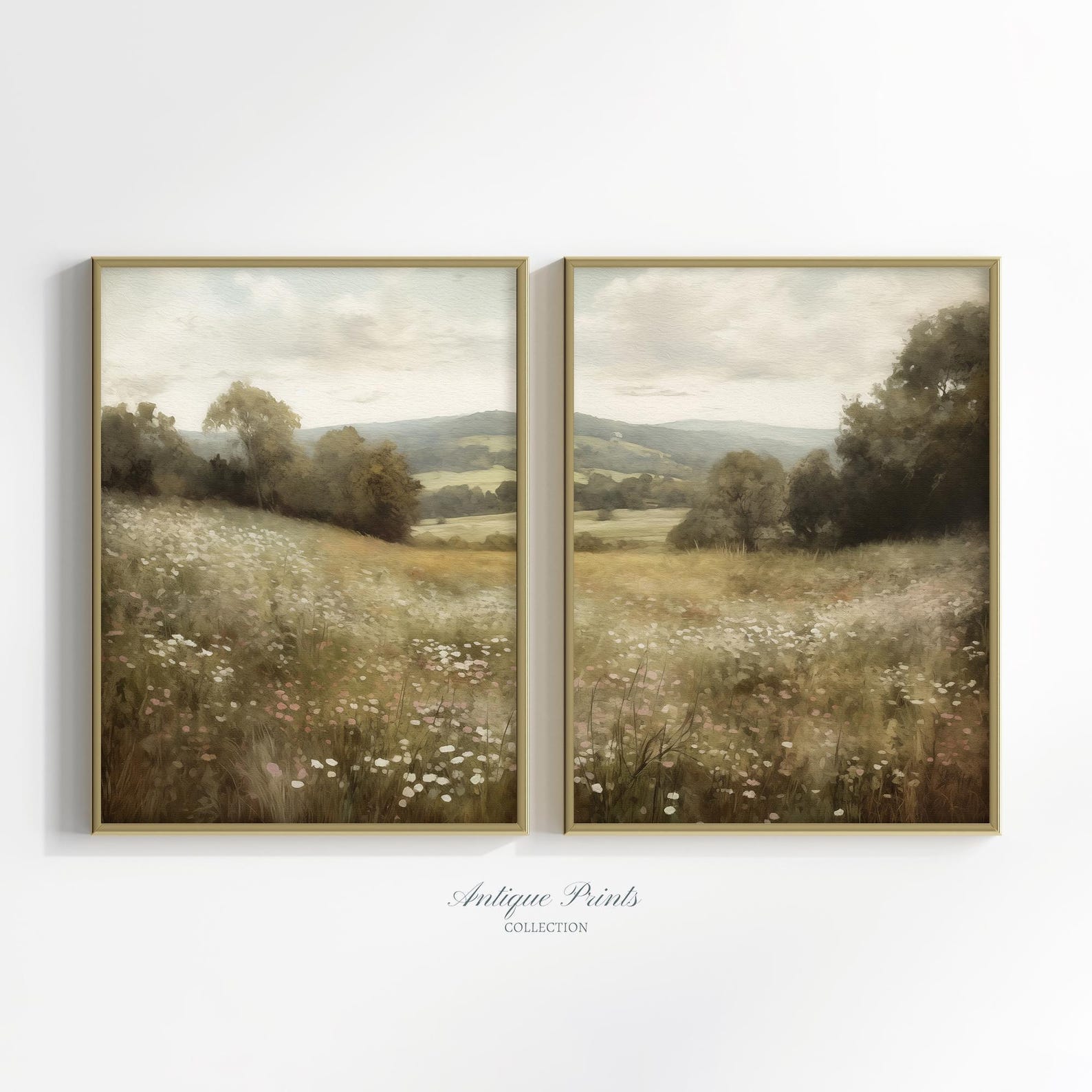 Wildflower Field Set of 2 Split Prints, Neutral Landscape 2 Pieces Wall ...
