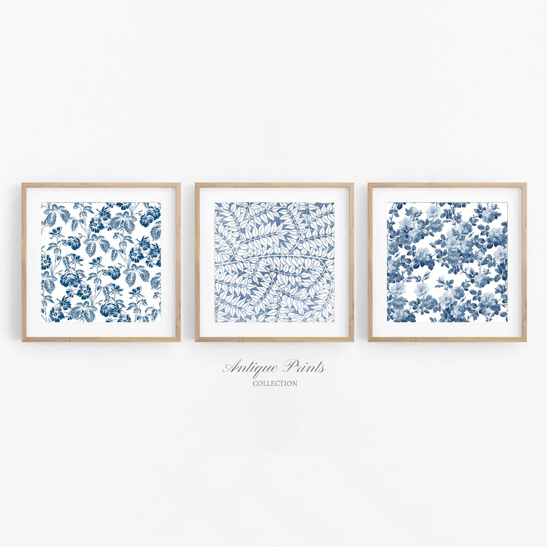 Set of 3 Botanical Square Drawing, Vintage Chinoiserie Wall Art, Blue and White Botanical ...