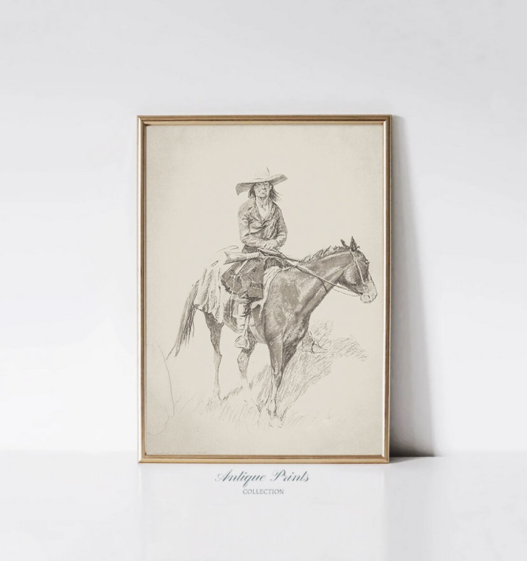 Vintage Cowboy Drawing, Cowboy Sketch, Horse Wall Art, Equestrian ...
