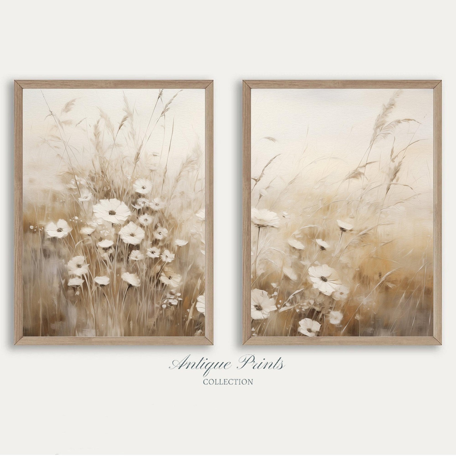 Muted Wildflower Painting, Neutral Beige Floral Set of 2 Prints, Soft ...