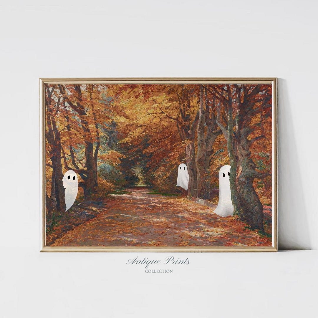 Cute Ghosts in the Forest Painting, Fall Spooky Halloween Print, Autumn ...