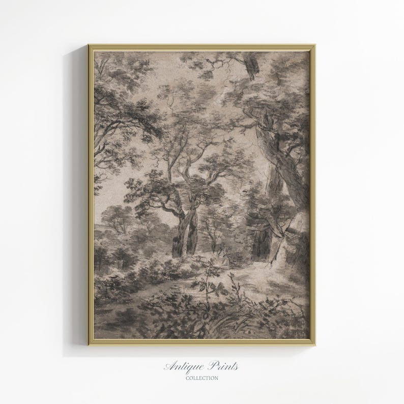 Landscape Sketch Art, Neutral Forest Prints Set of 2, Vintage Rustic ...