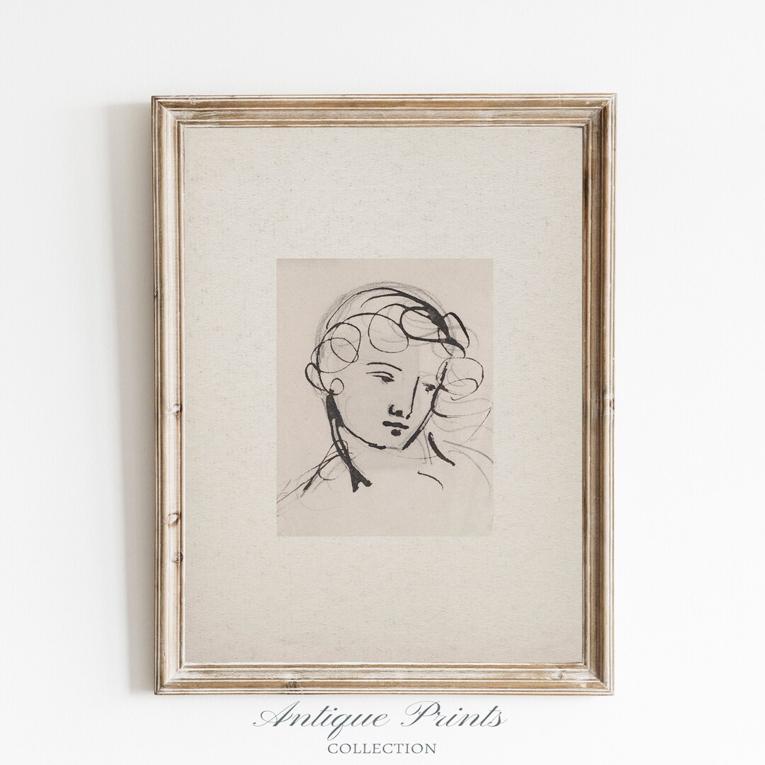 Antique Portrait Sketch, Vintage Woman Drawing, Neutral Line Art Sketch ...